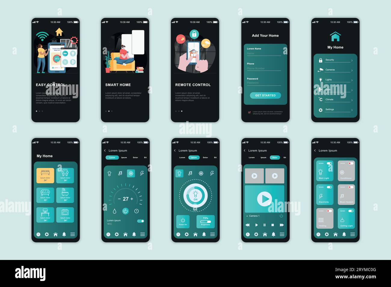 Smart home concept screens set for mobile app template. People control ... Smart home concept screens set for mobile app template. People control ...