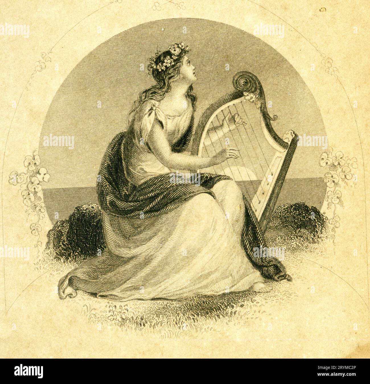Engraving of a woman in classical clothing playing the harp Stock Photo ...