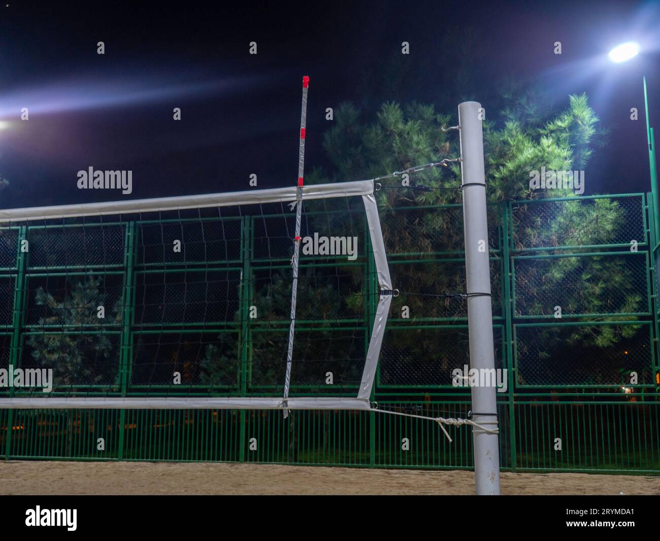Beach volleyball court in the evening. Available infrastructure. Empty ...