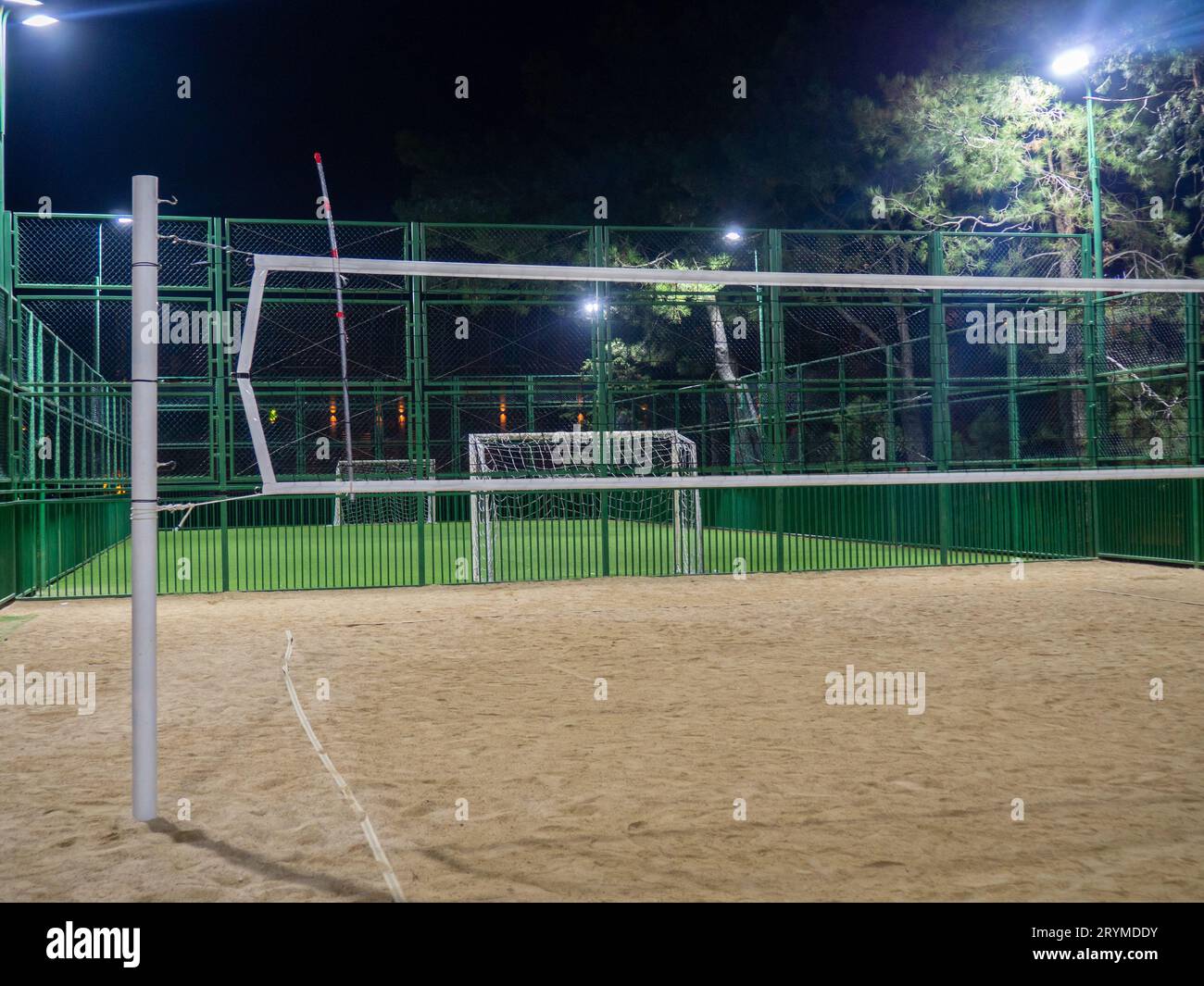 Beach volleyball court in the evening. Available infrastructure. Empty ...