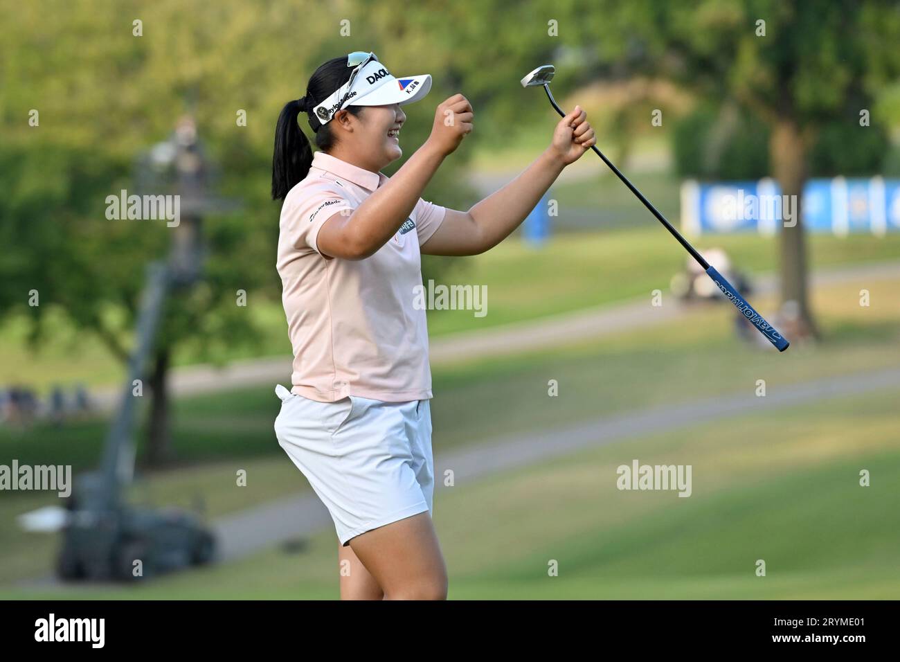 Hae Ran Ryu reacts after sinking her final putt on the 18th green ...