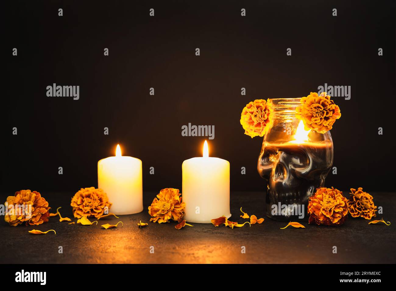 Burning candles, Skull and marigold flowers. Dia de los muertos day or ...