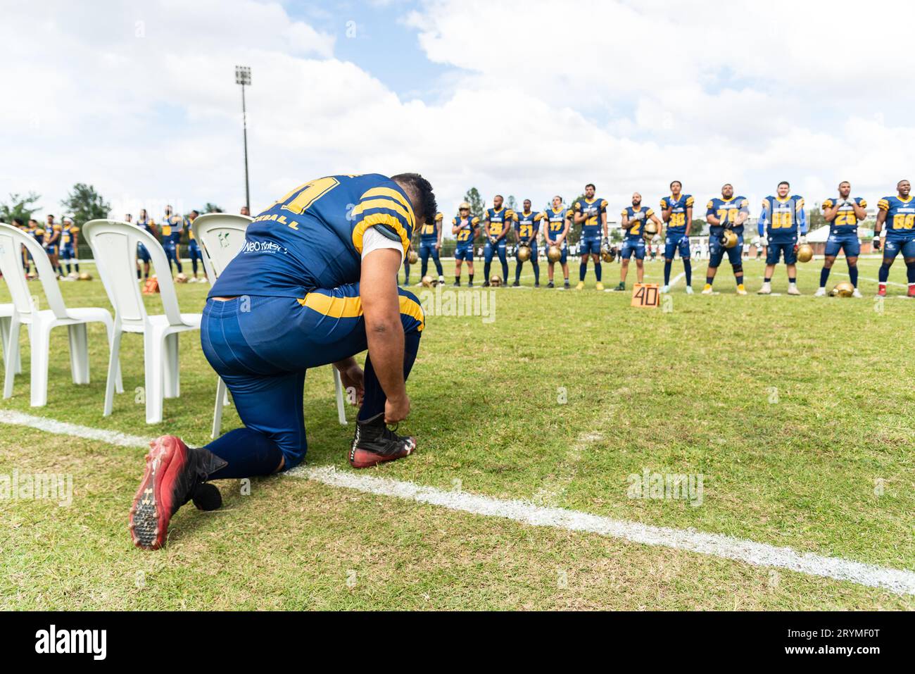 Camacari, Bahia, Brazil - September 30, 2023: American football players from the Cavalaria 2 de ...