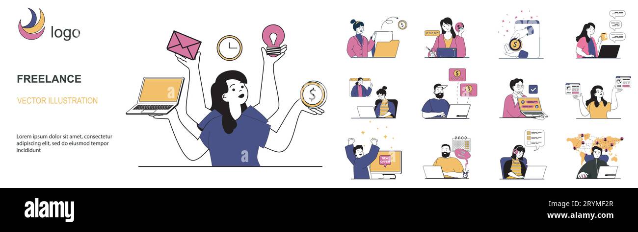 Freelance concept with character situations collection. Bundle of ...
