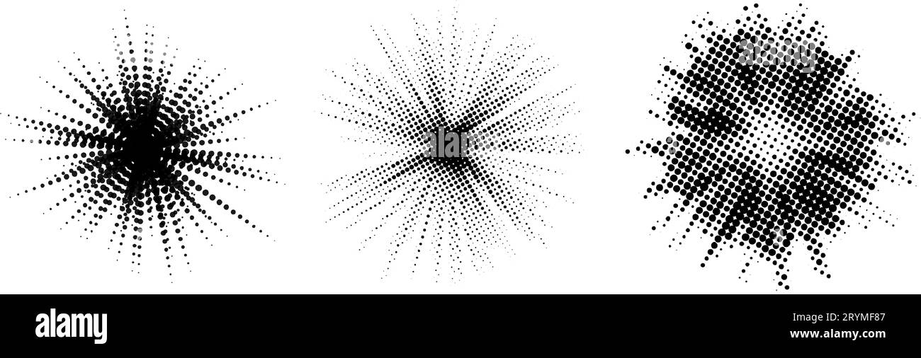 Halftone burst element set. Pop art dotted explosion collection. Black ...