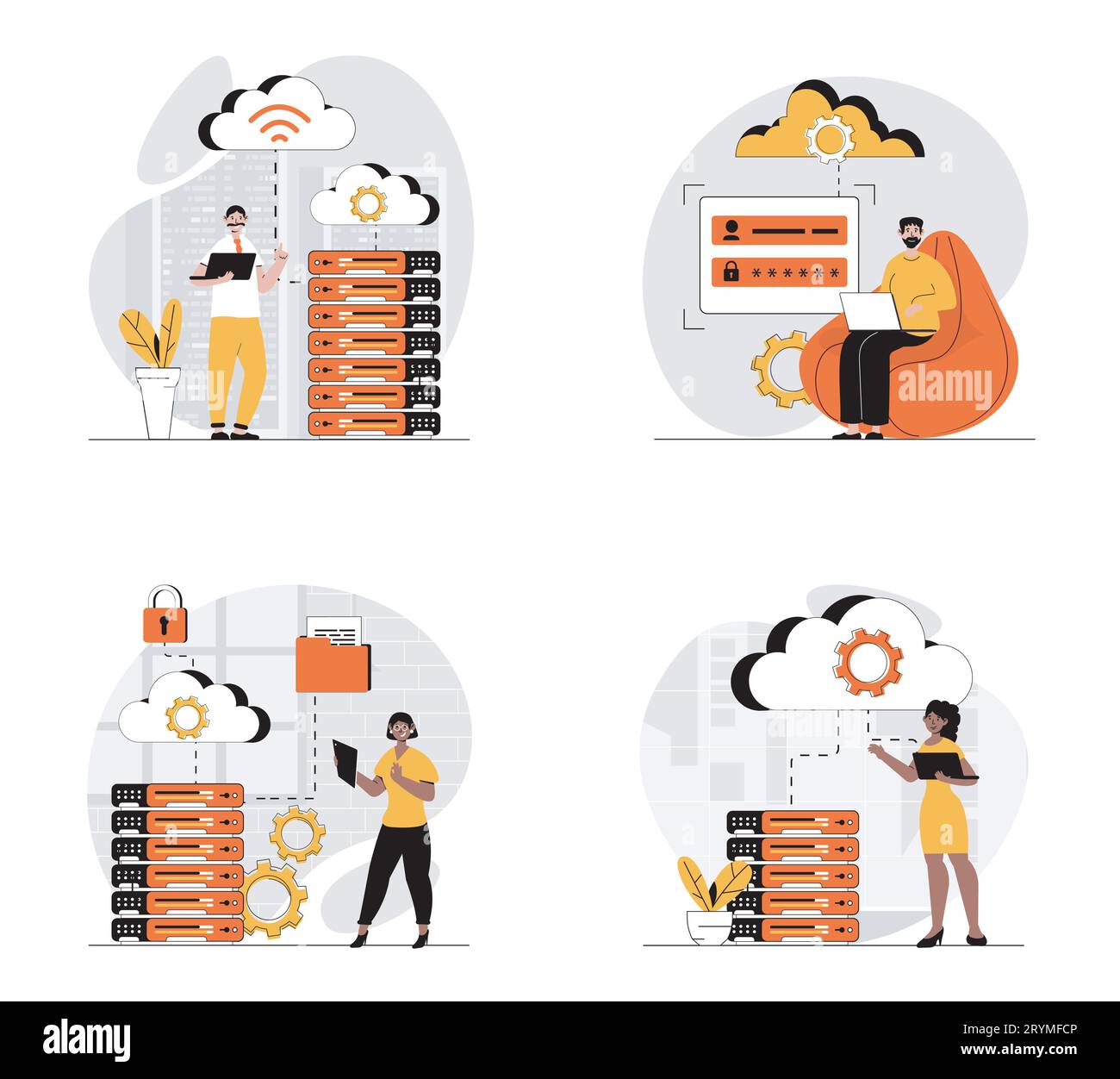 Cloud data center concept with character set. Collection of scenes ...