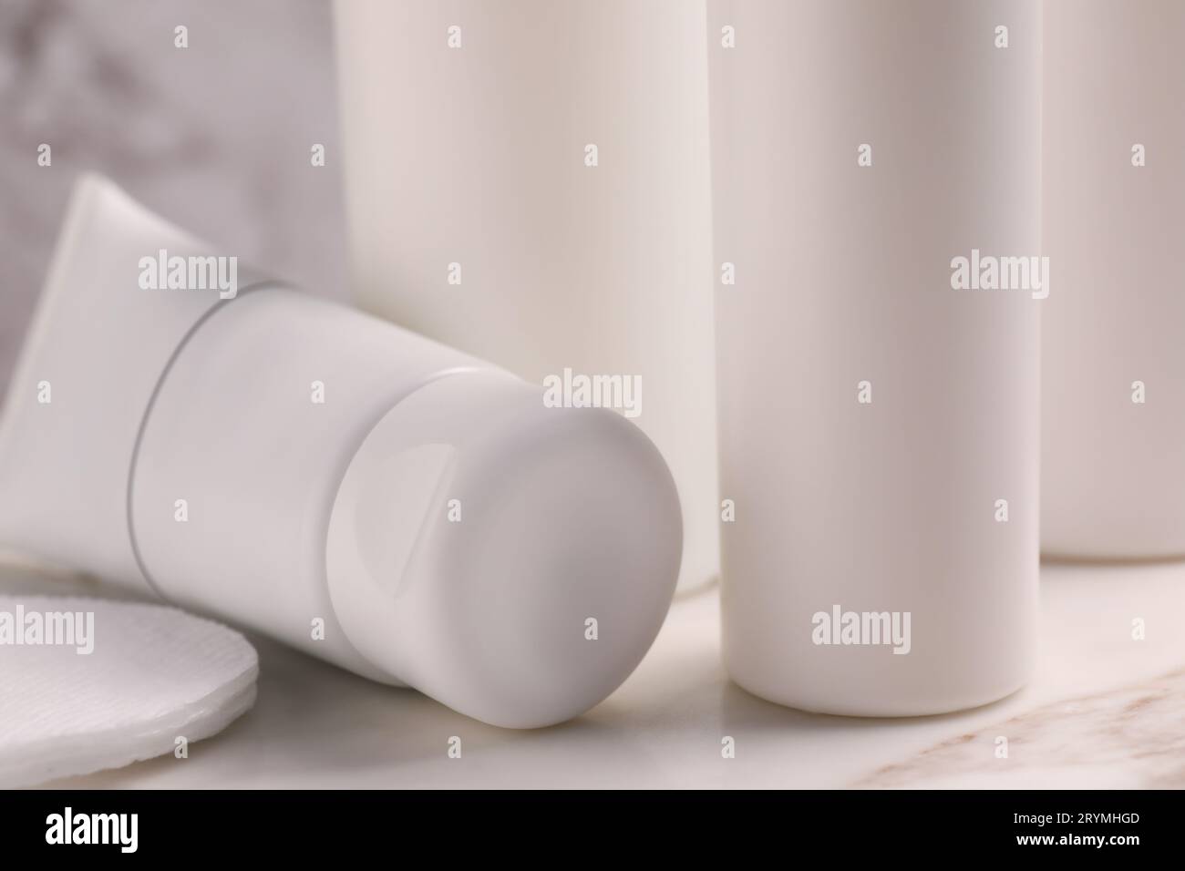 Face cleansing products on white marble table, closeup Stock Photo - Alamy