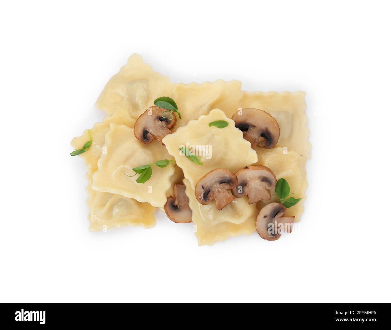 Delicious ravioli with mushrooms isolated on white, top view Stock ...