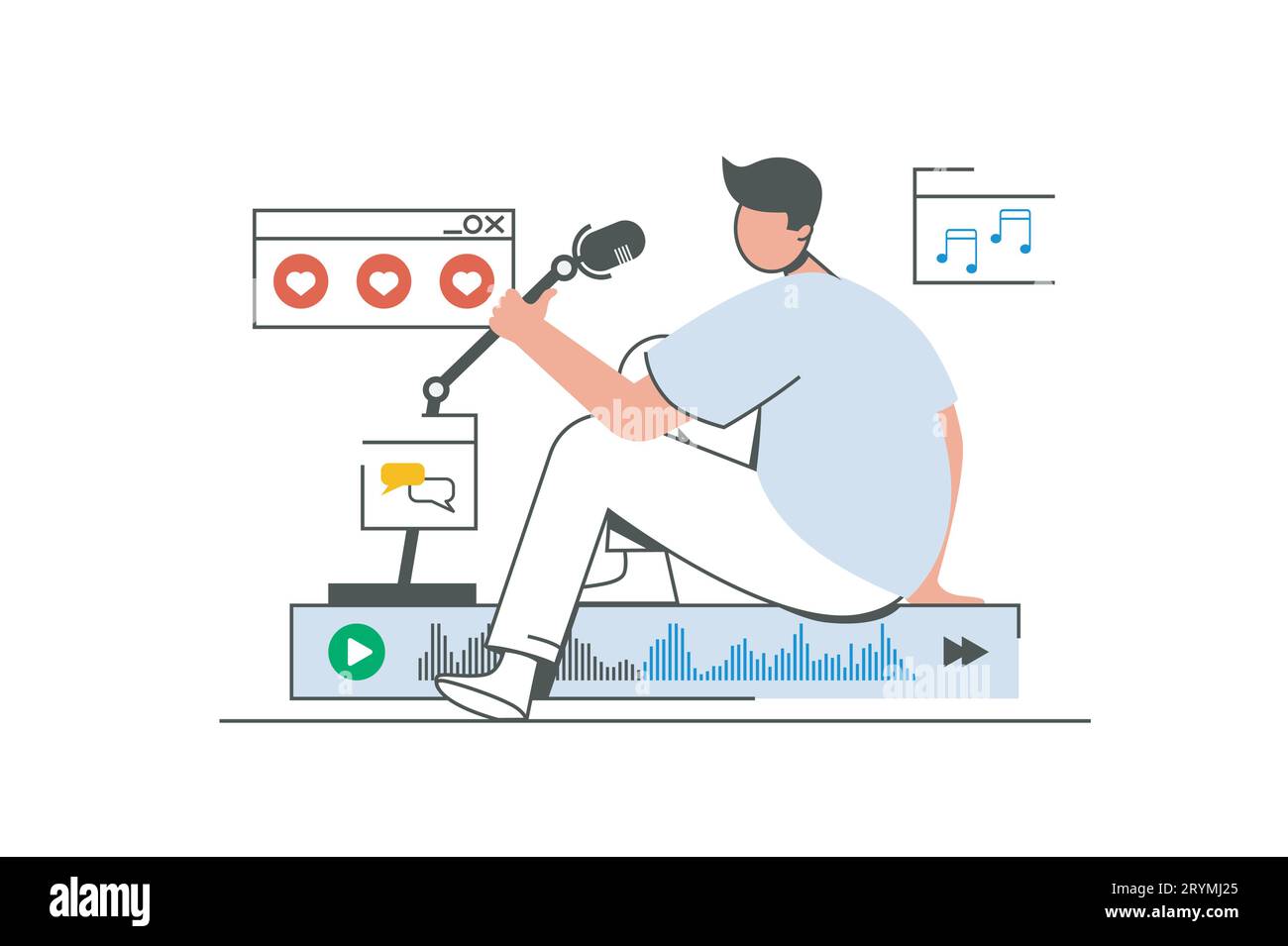 Podcast streaming outline web concept with character scene. Man ...