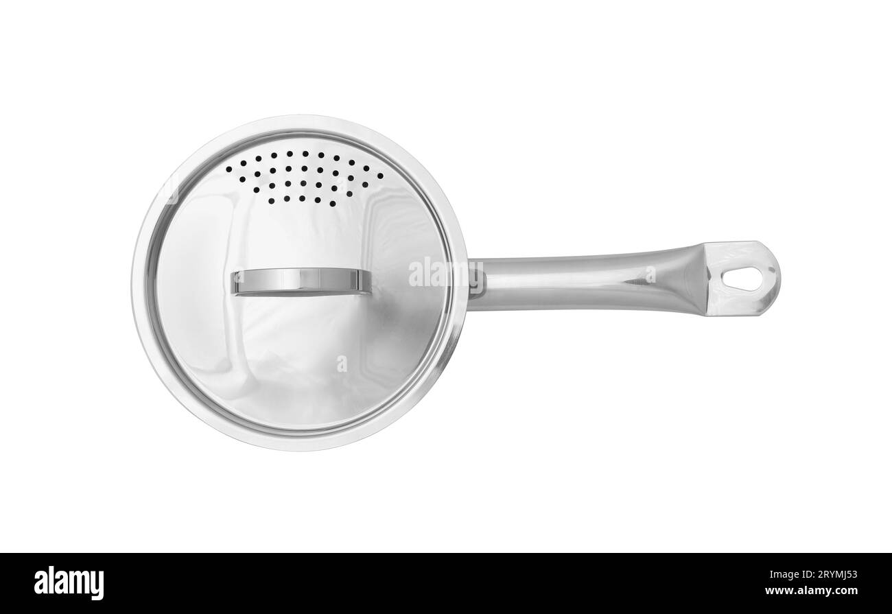 One steel saucepan with strainer lid isolated on white, top view Stock ...