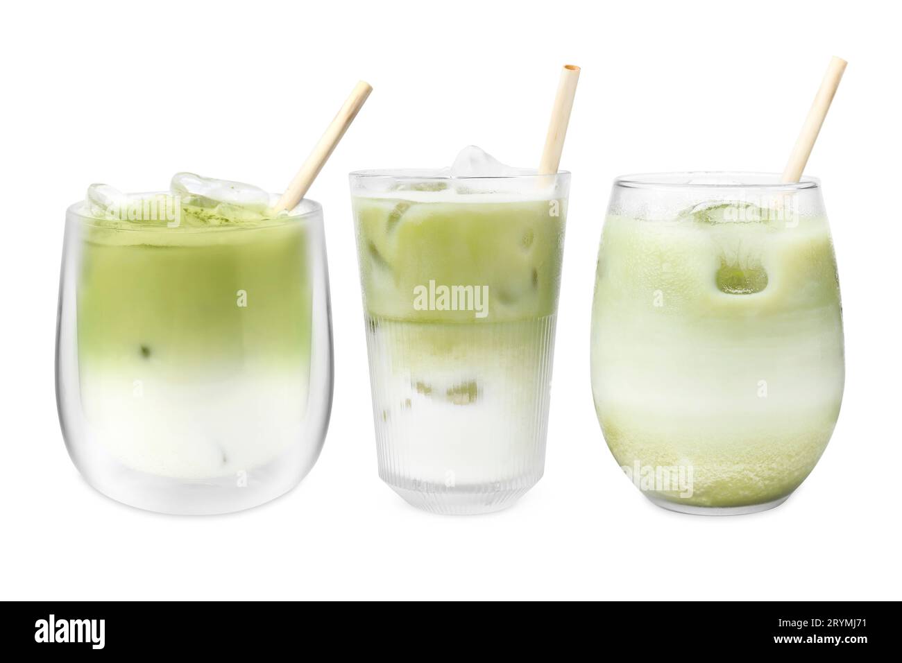 Set with glasses of matcha latte isolated on white Stock Photo - Alamy