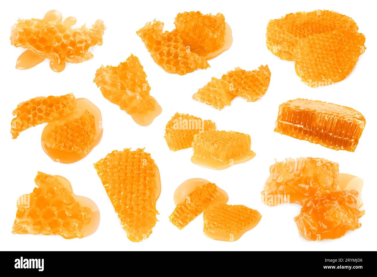 Set with pieces of honeycomb isolated on white Stock Photo - Alamy