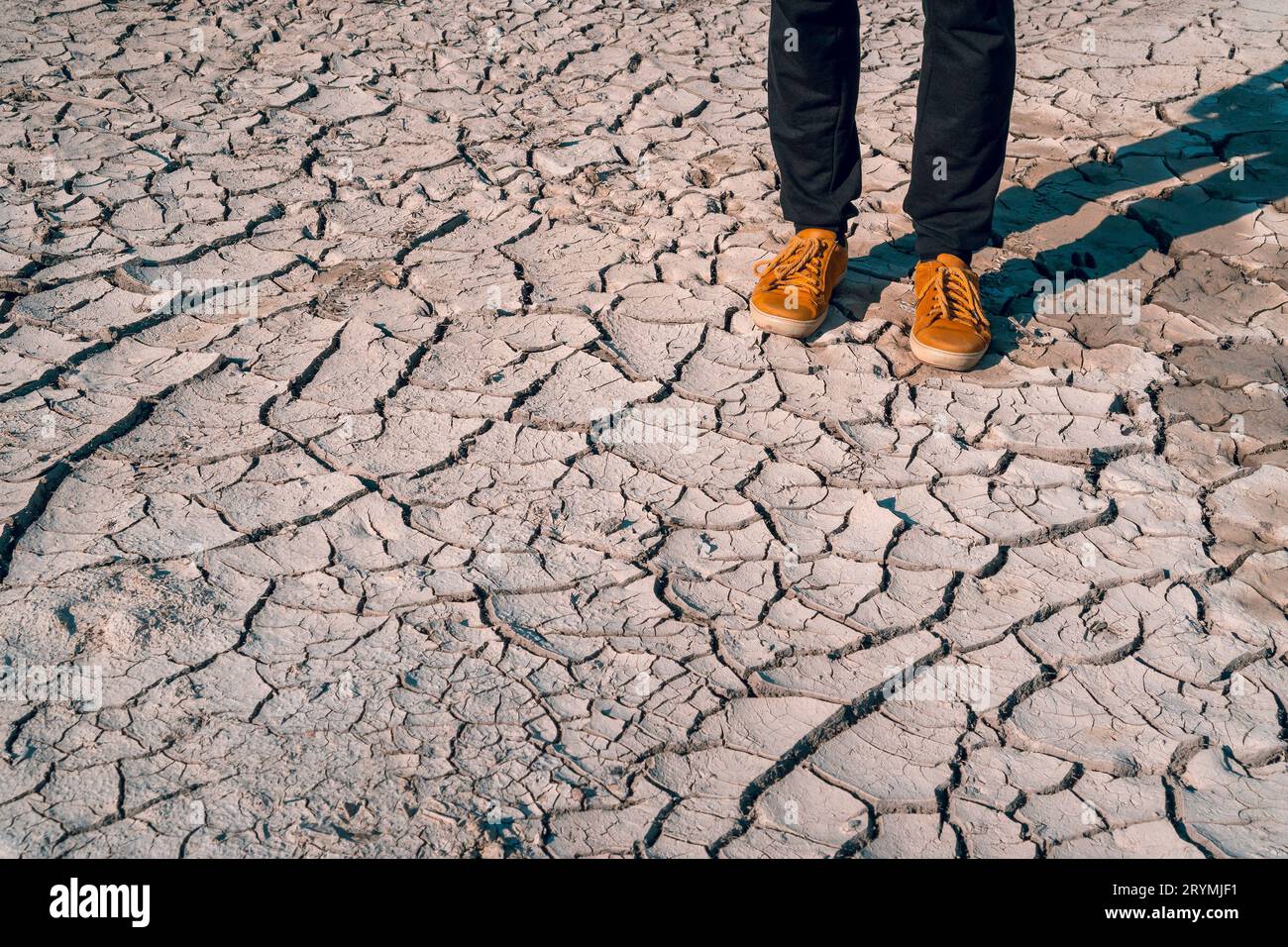 Man standing on the land with dry cracks, serious water shortages Stock ...