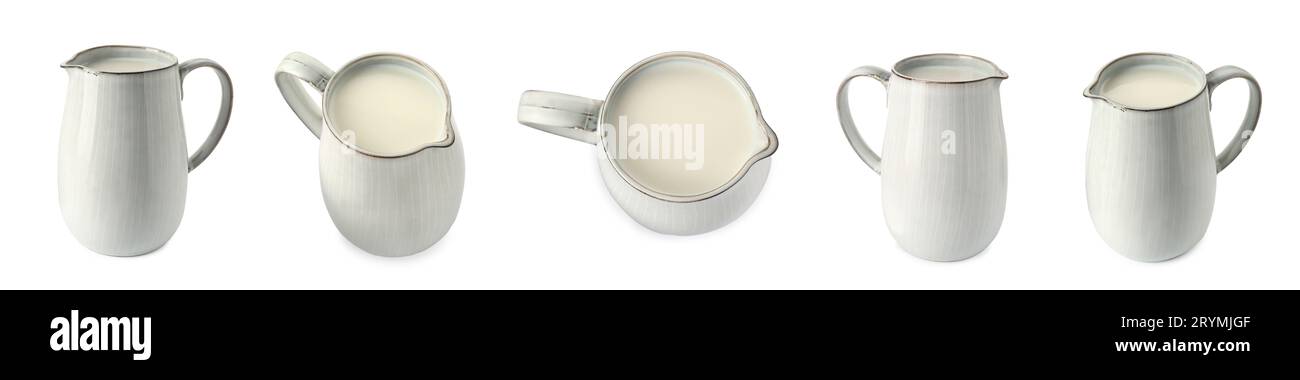 Collage with pitcher of milk isolated on white, different angles Stock ...