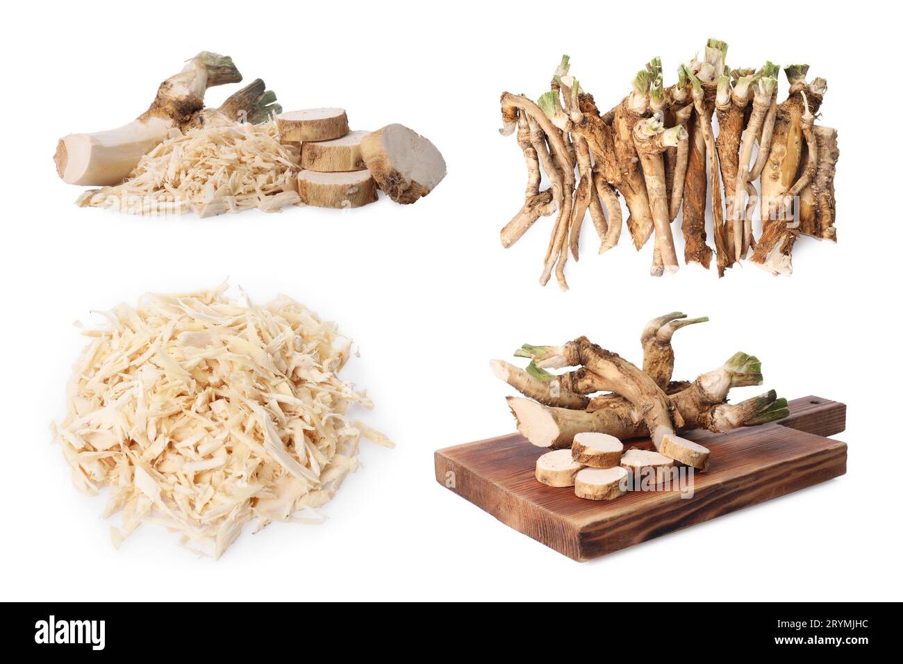 Roots, grated and cut horseradish isolated on white, collage design ...