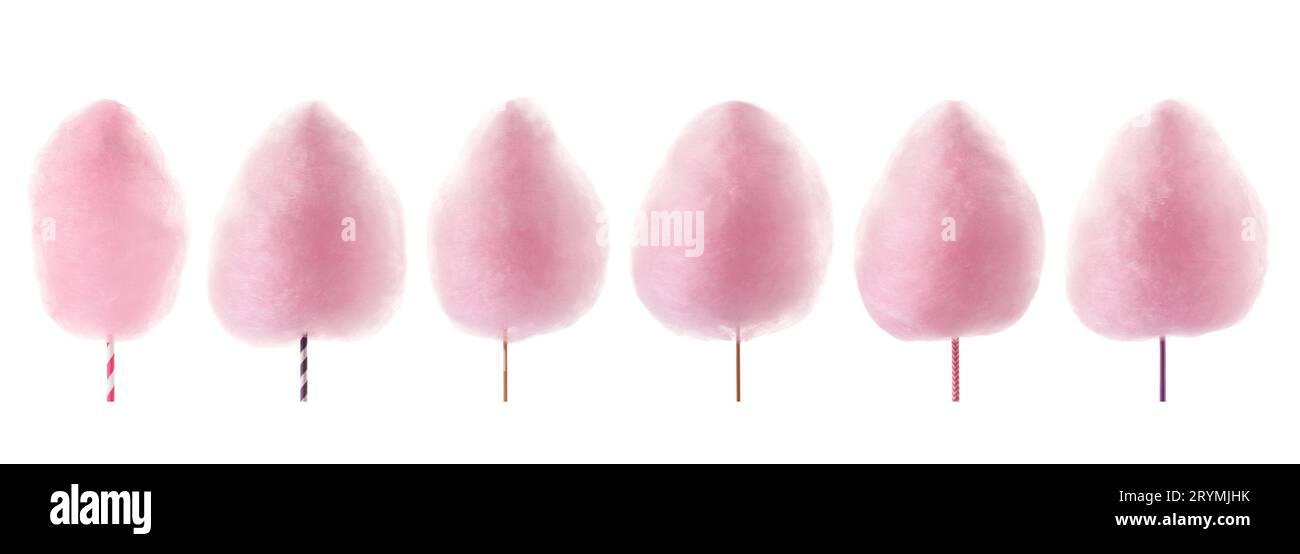 Set of pink cotton candy on sticks isolated on white Stock Photo - Alamy