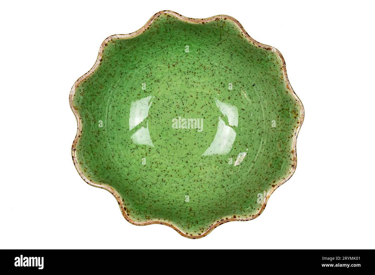 Top view of empty curved edge round green ceramic bowl isolated on ...