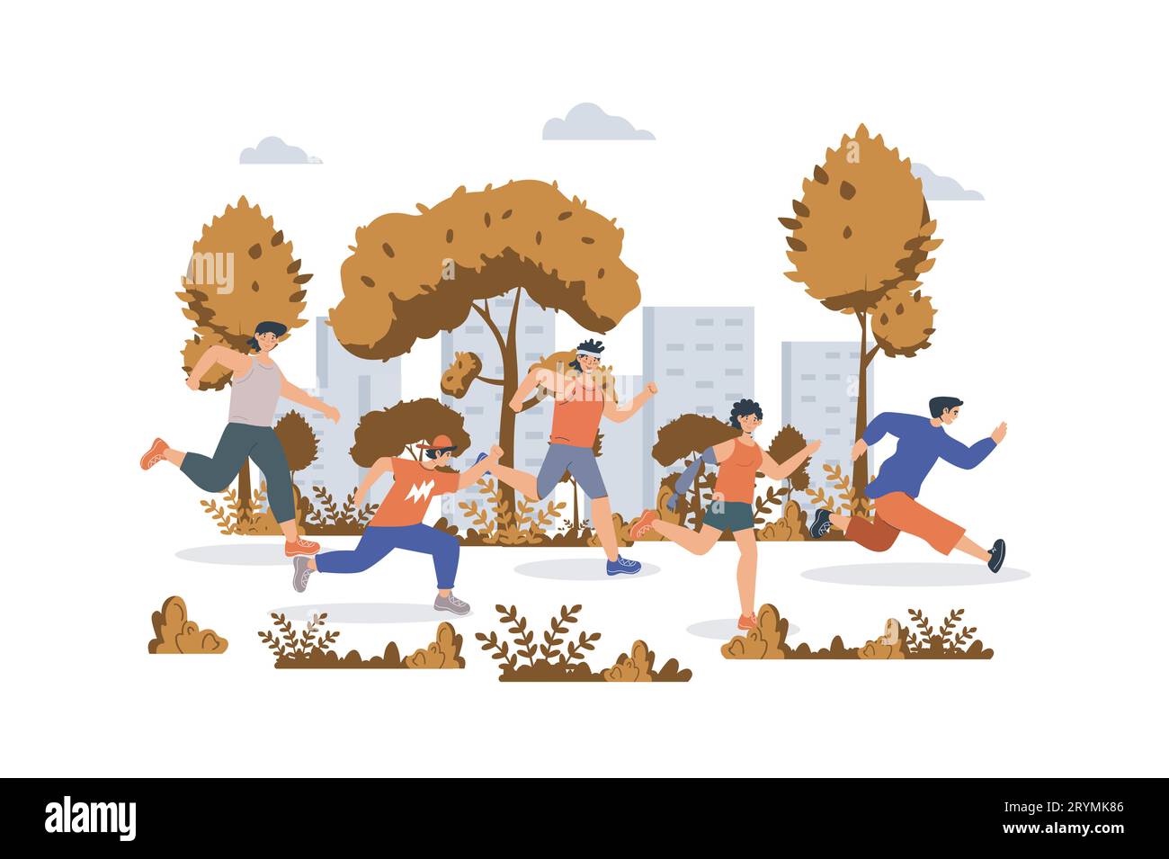 People running concept with character scene for web. Women and men ...