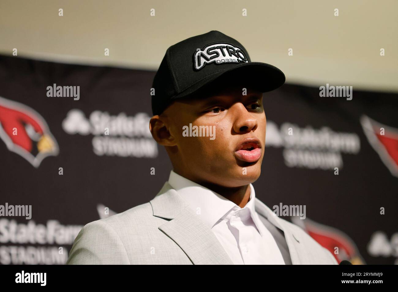 Arizona Cardinals quarterback Joshua Dobbs (9) speaks to the press ...