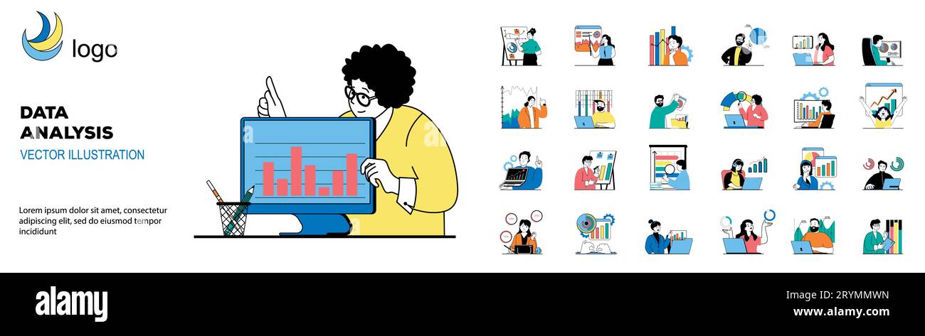 Data analysis concept with character situations mega set. Bundle of ...