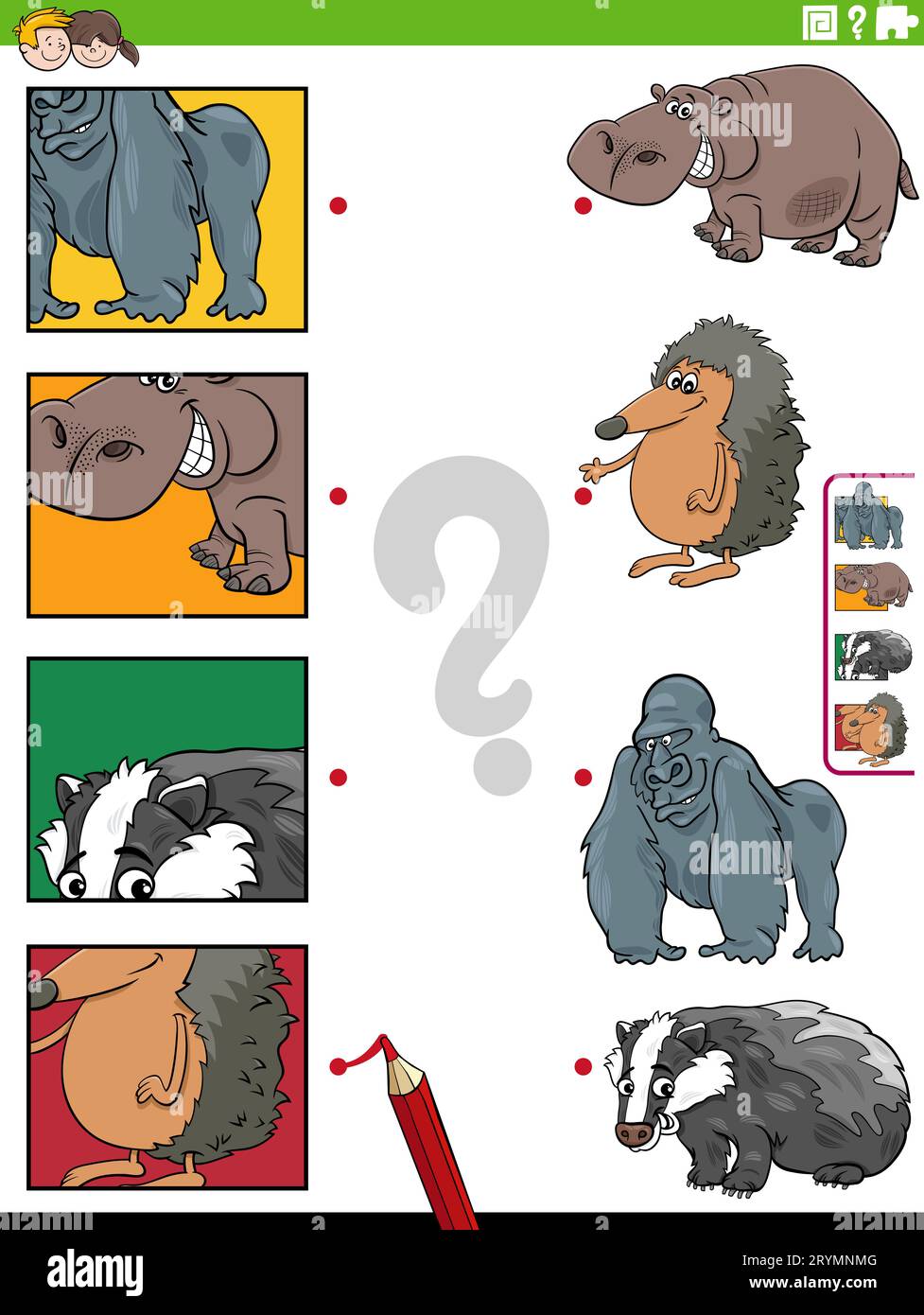 Cartoon illustration of educational matching game with wild animal ...