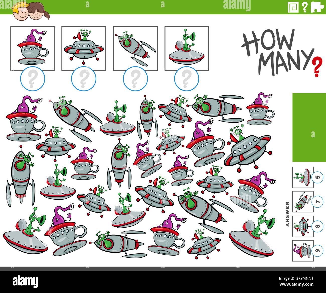 Illustration of educational counting game with funny cartoon alien ...