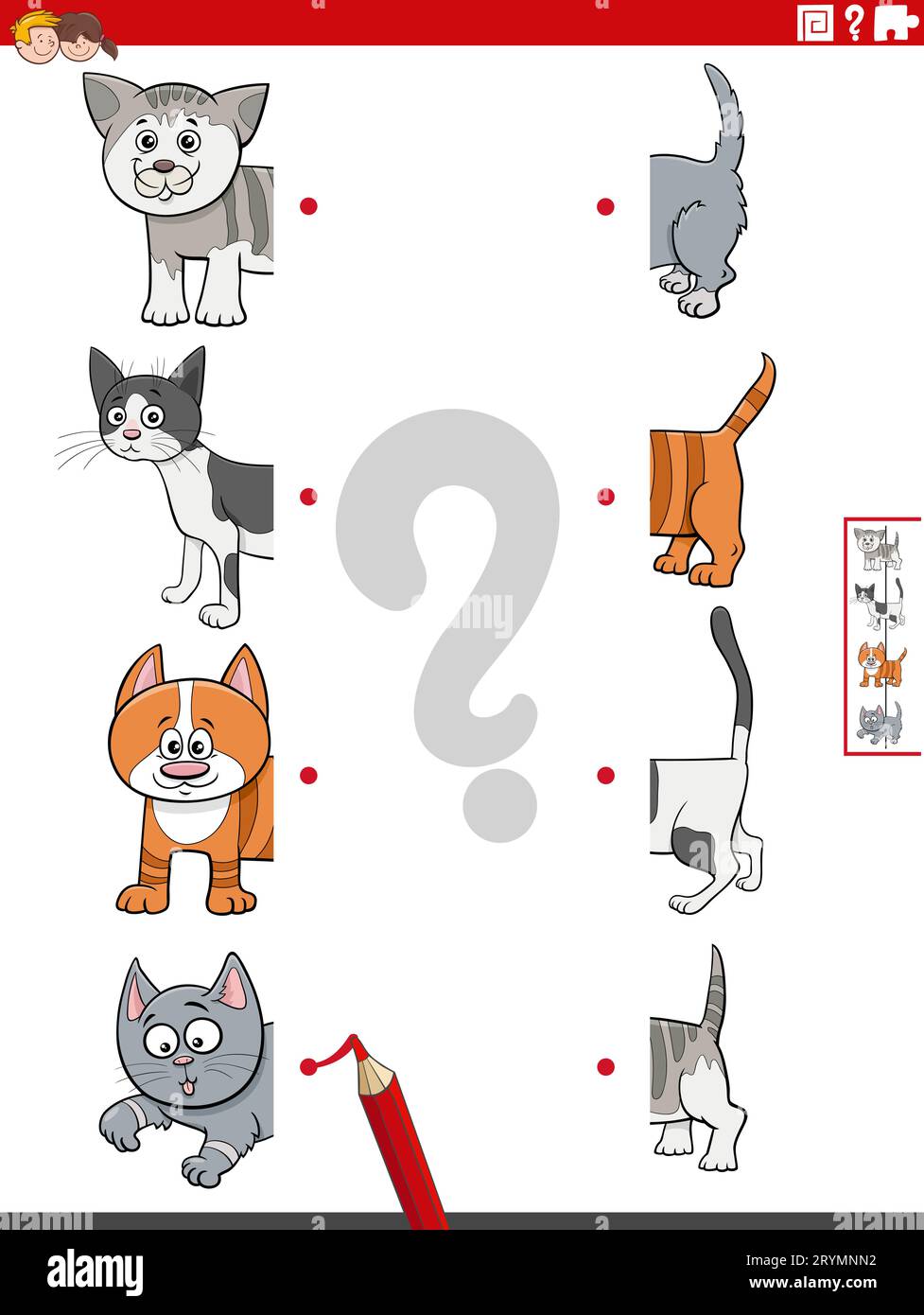 Cartoon illustration of educational game of matching halves of pictures ...