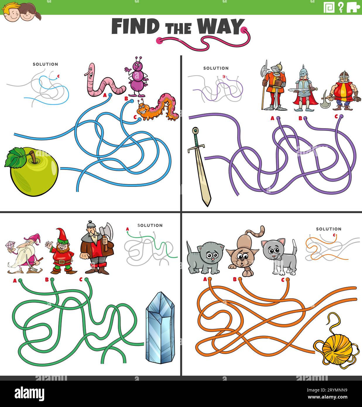 Cartoon illustration of find the way maze puzzle game with funny comic ...