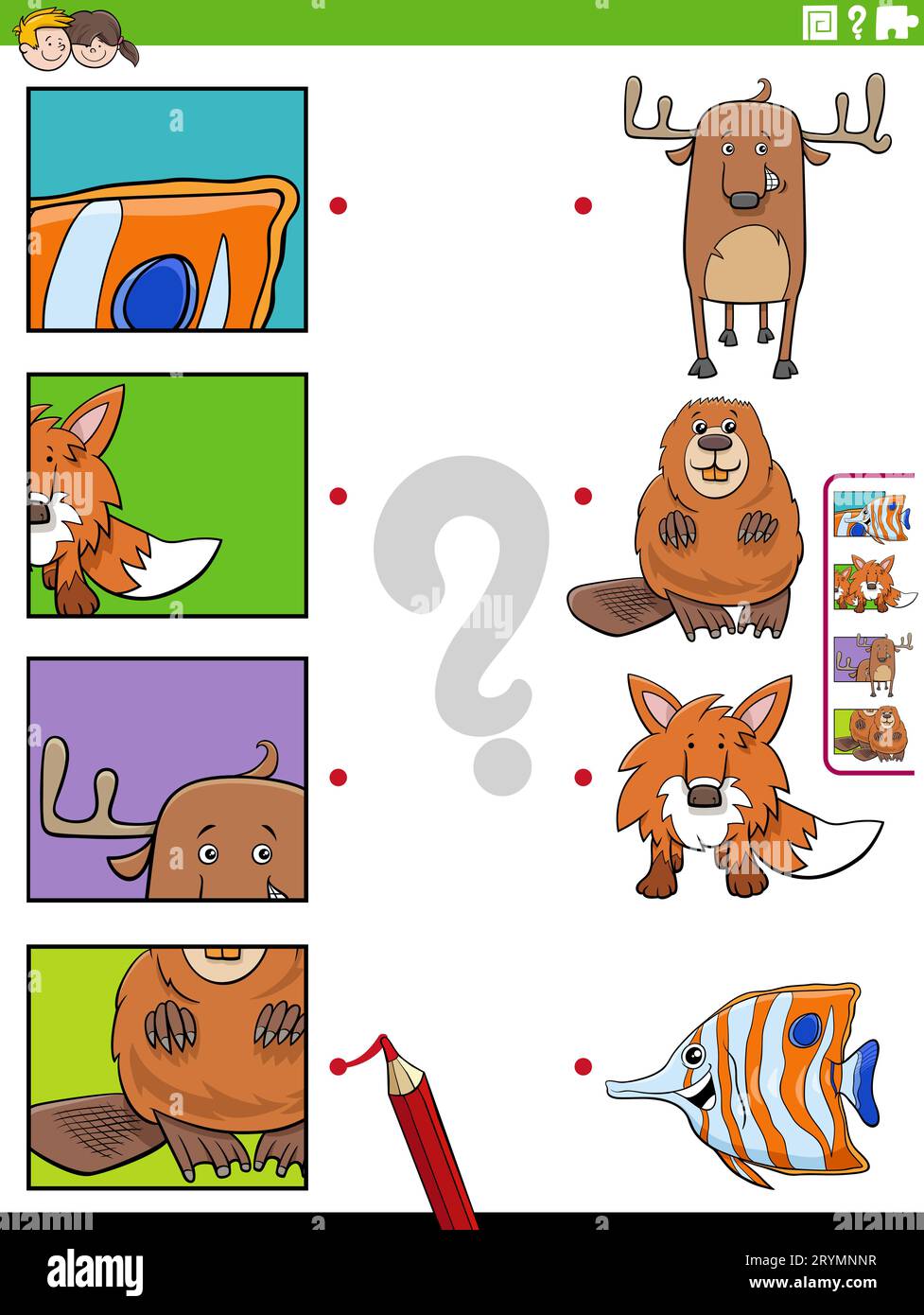 Cartoon illustration of educational matching game with animal ...