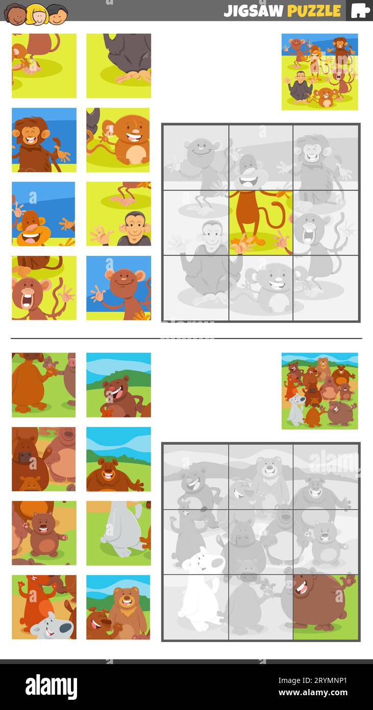 Cartoon illustration of educational jigsaw puzzle activities set with ...