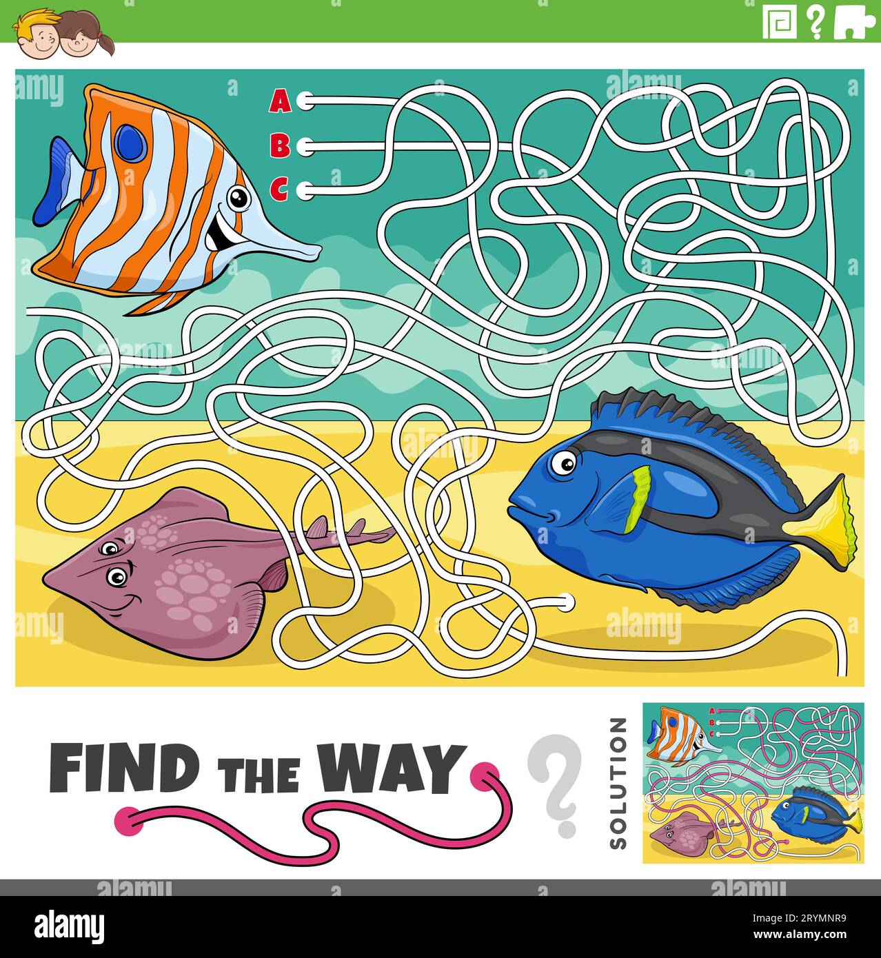 Cartoon illustration of find the way maze puzzle game with fish marine ...