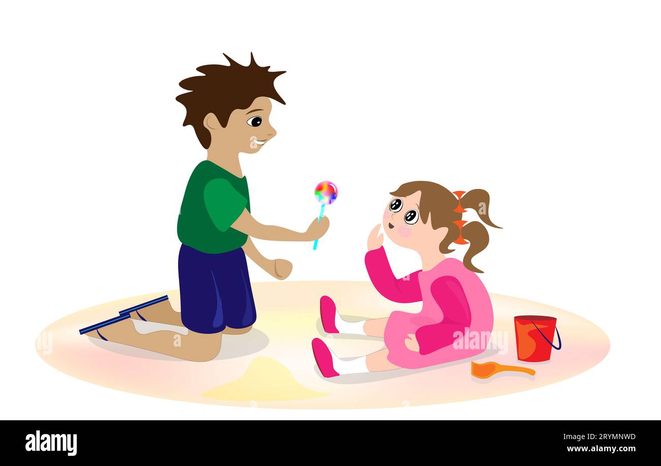 Children s day illustration. A little cute girl sits and cries, but a ...