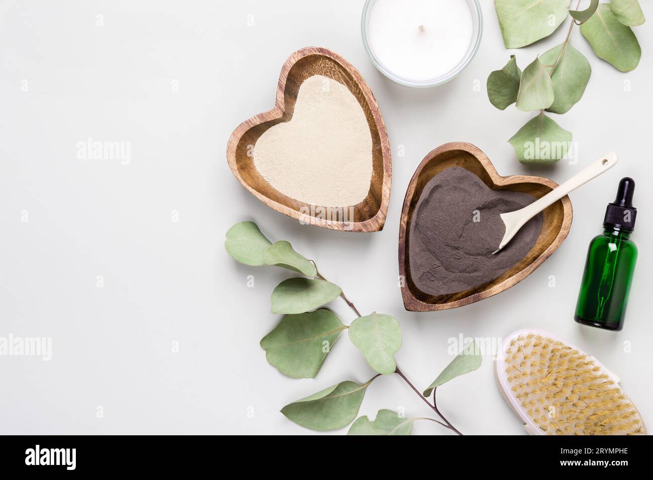 DIY cosmetics and spa concept. Natural ingredients clay, eucalyptus and ...