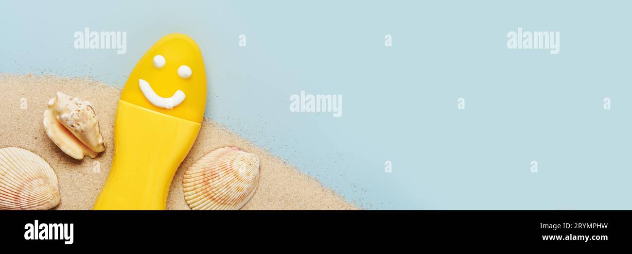 Yellow tube with happy sunscreen face. Sun Ultraviolet protection ...
