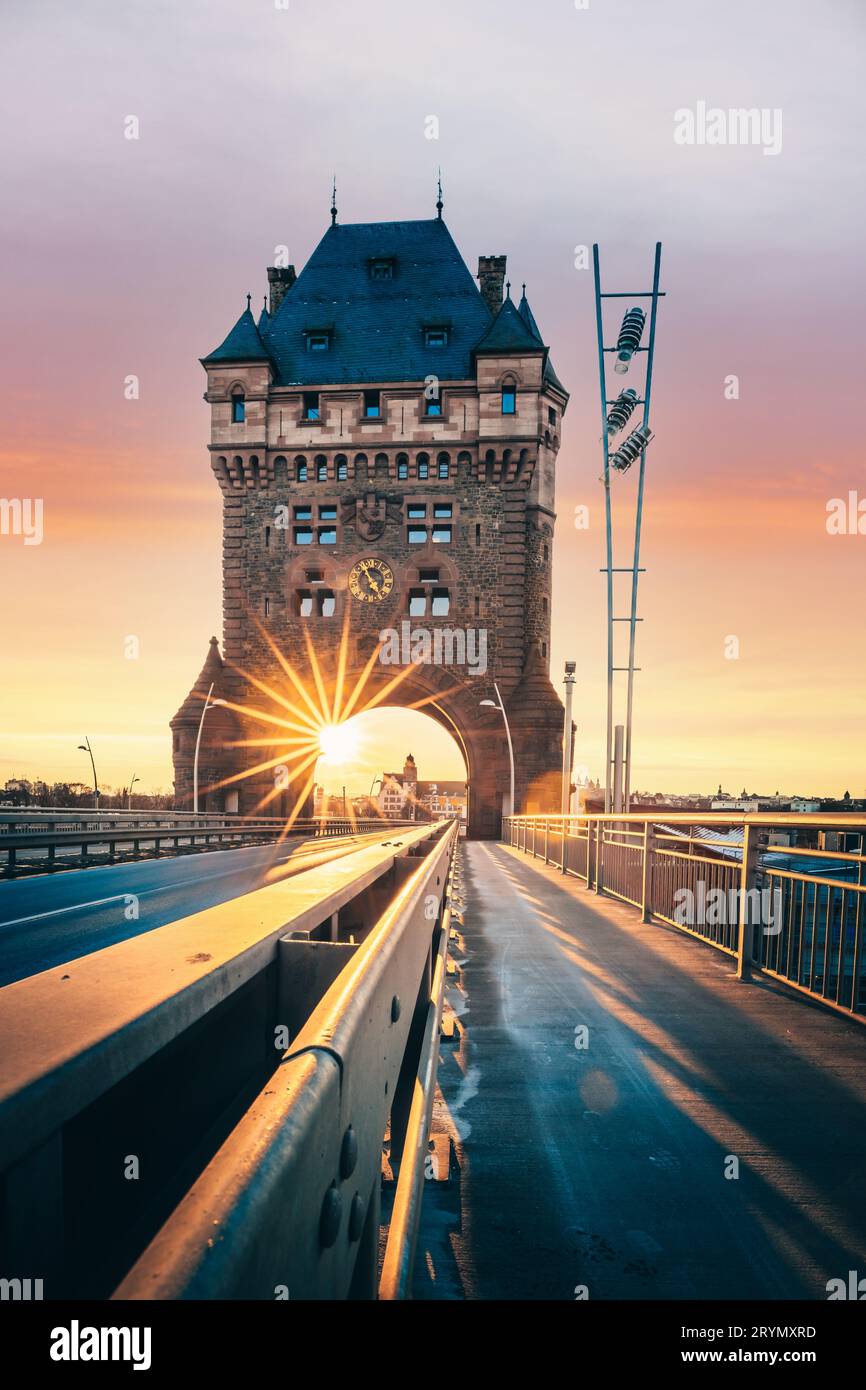 Worms in Germany. The famous Nibelungen Bridge in the sunset. Motorway ...