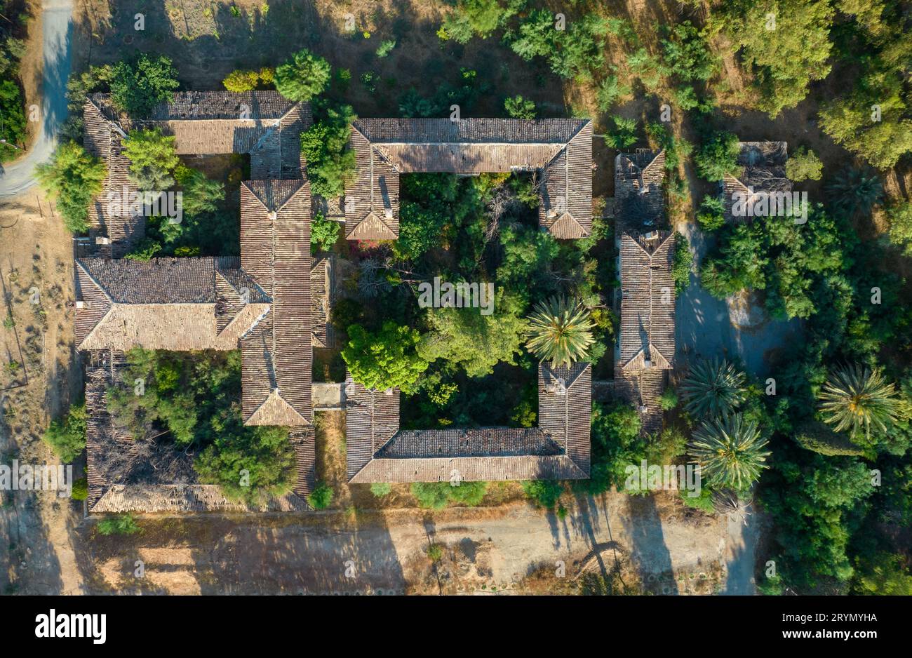 Drone aerial scenery of an abandoned building in the forest. Rooftop of a deserted house Stock ...