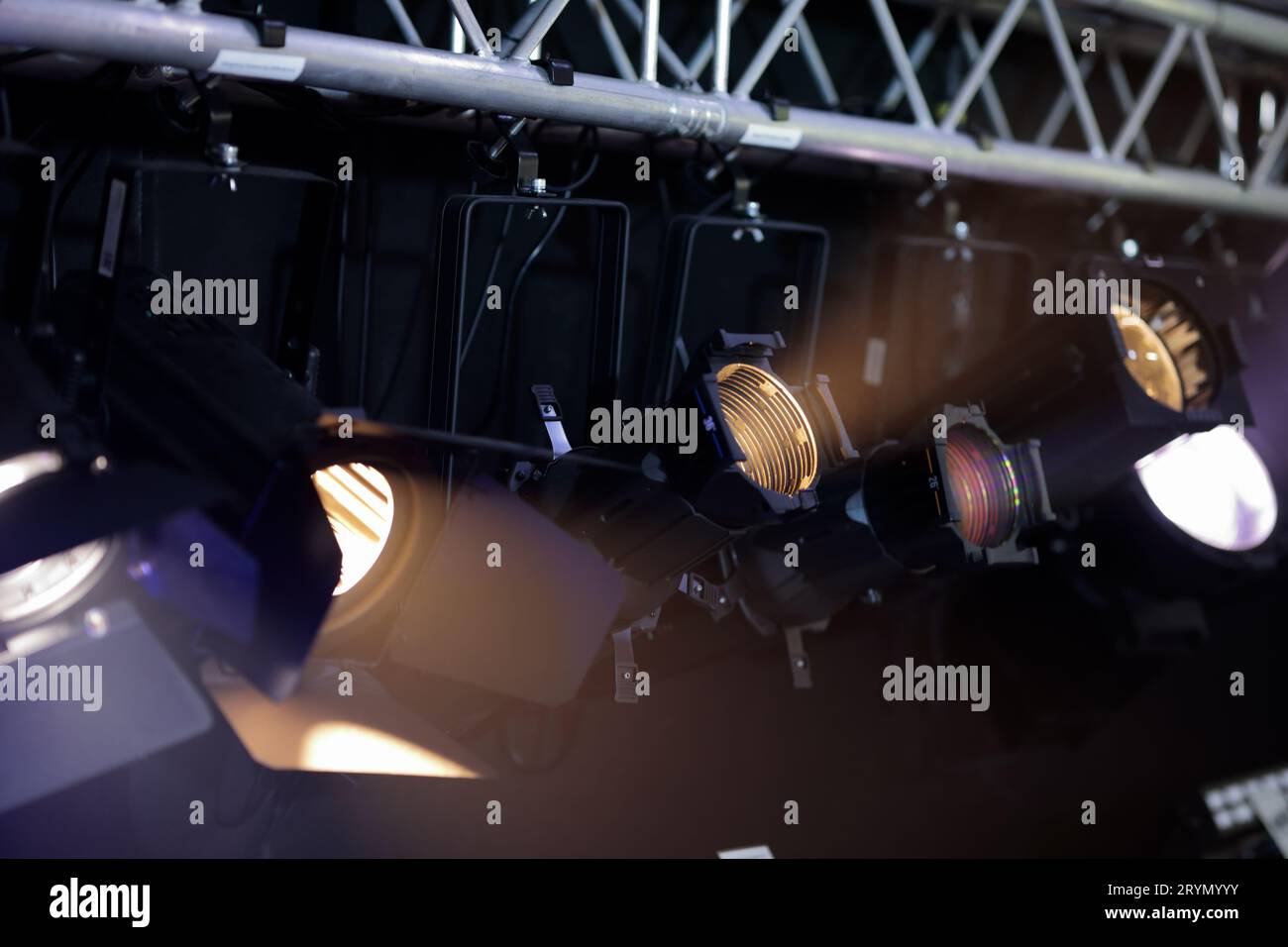 Stage spotlight fixtures hanging on the truss. Selective focus Stock ...