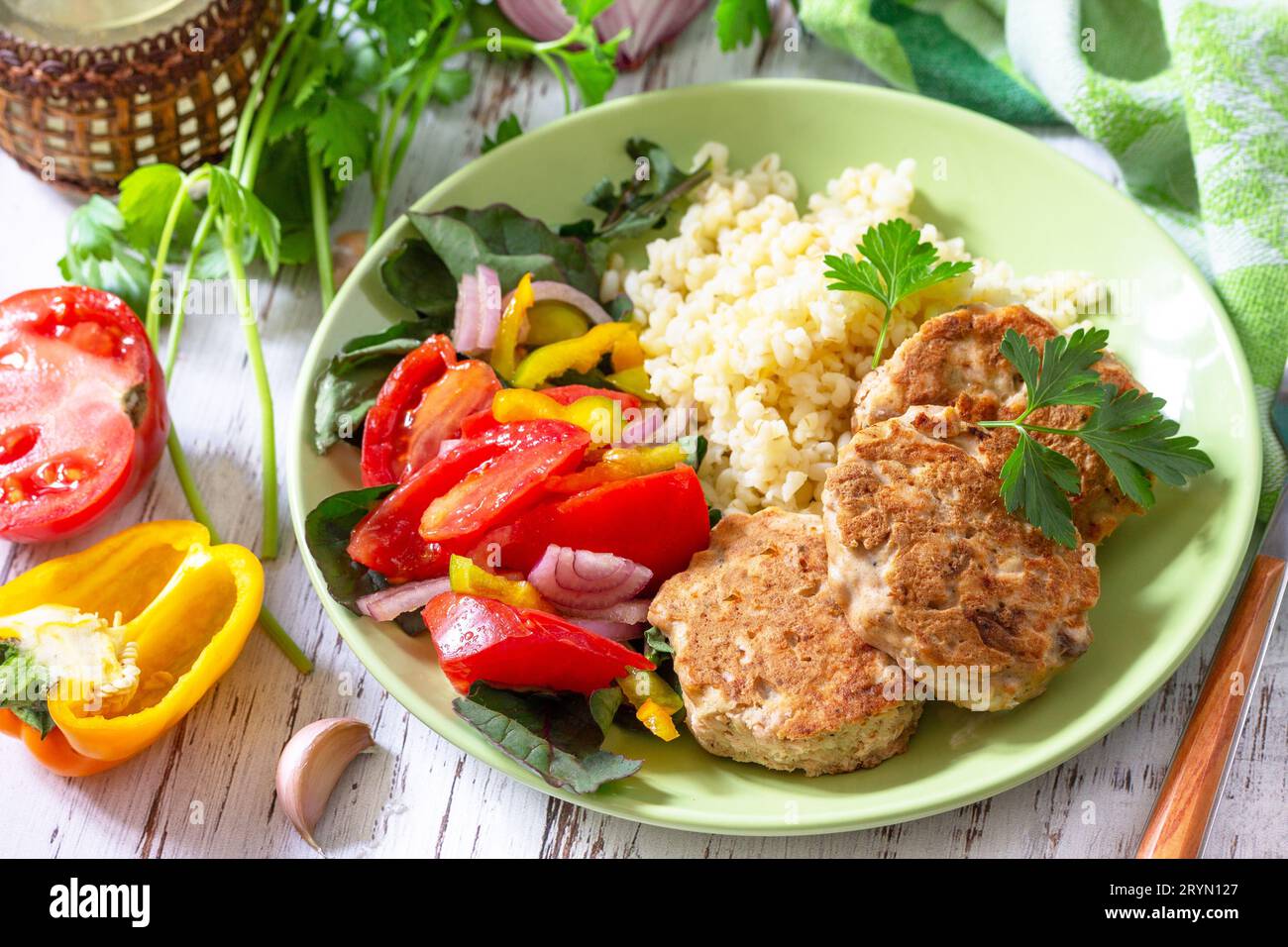 Healthy vegan food, keto or paleo diets. Homemade red fish cutlets with ...