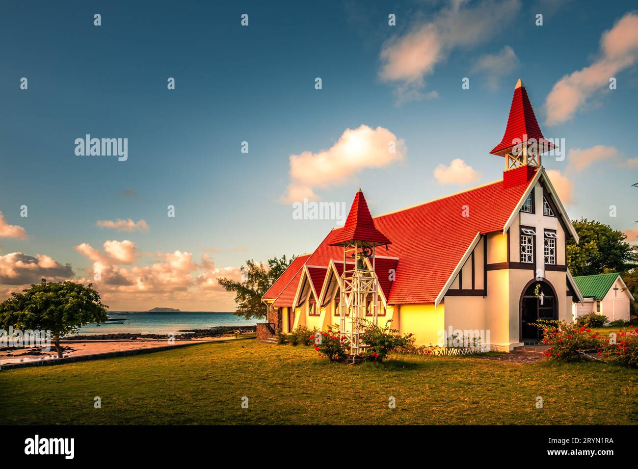 Cap Malheureux church in the village in Mauritius. in the evening with ...