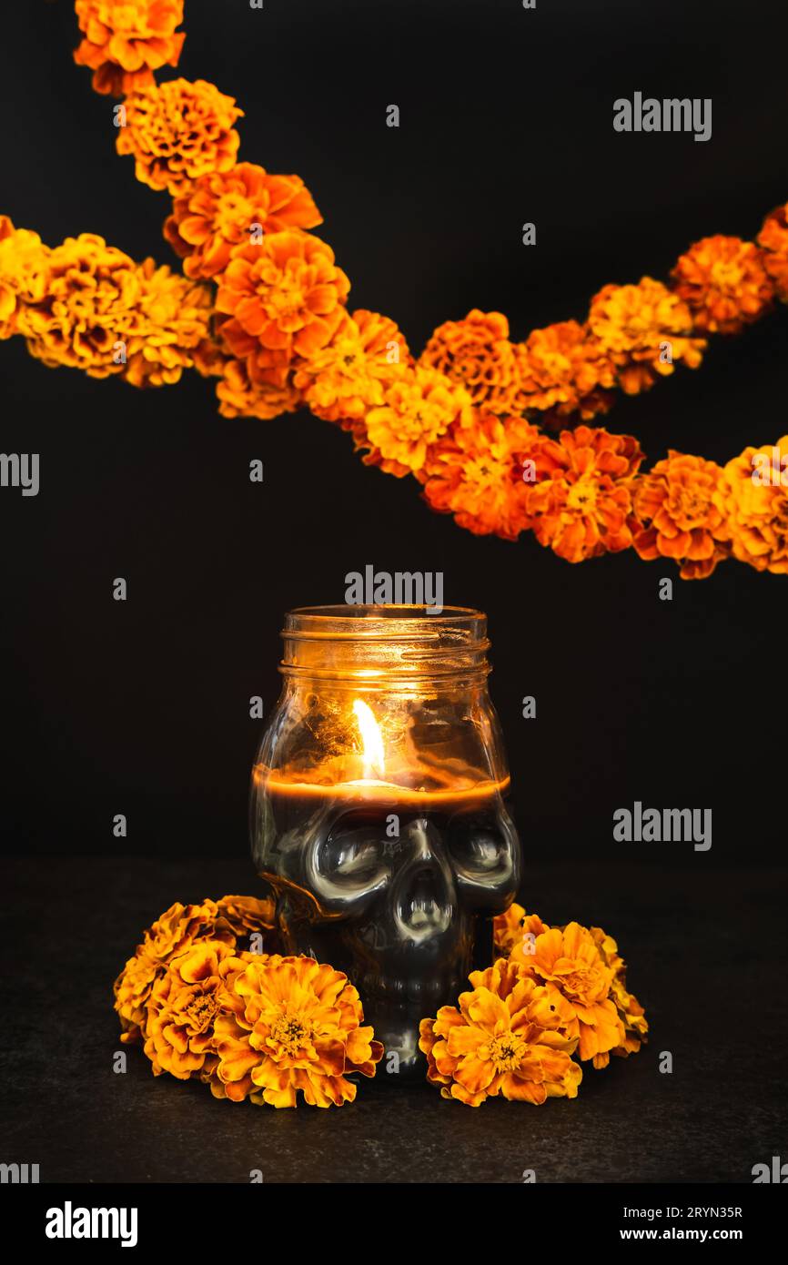 Burning candle Skull with marigold flowers wreath and garlands. Dia de ...