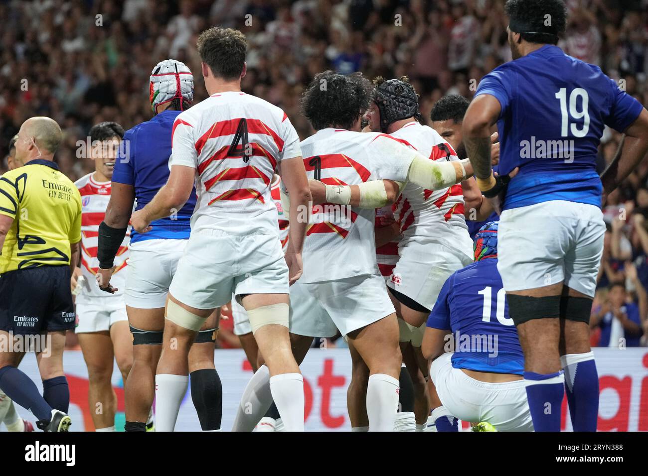 Japan's Pieter Labuschagne celebrates scoring their team first try ...