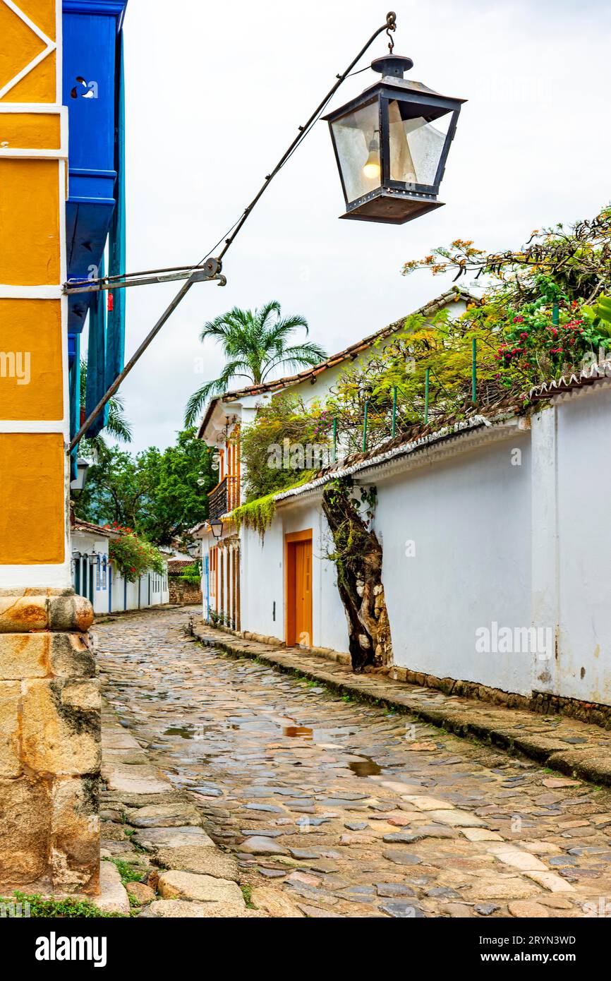 Street in the old city of Paraty on the coast of Rio de Janeiro with ...