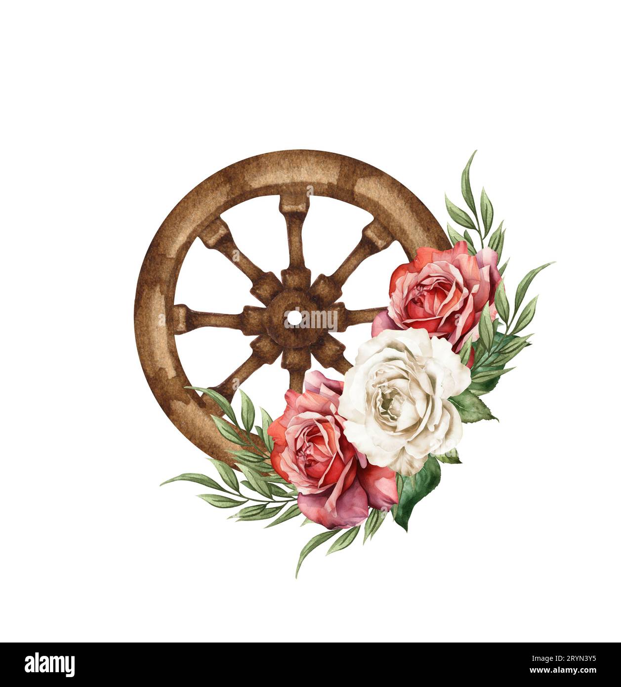 Watercolor floral Wooden wheel. Western Wooden wheel and flowers ...