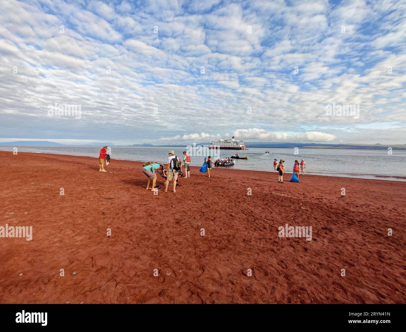Cruise tourists on the beach, Zodiac inflatable boat and Hurtigruten ...