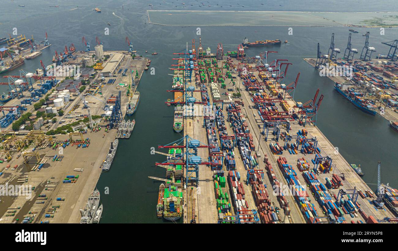 Container terminal with cargo ships. Tanjung Priok sea port. Indonesia ...
