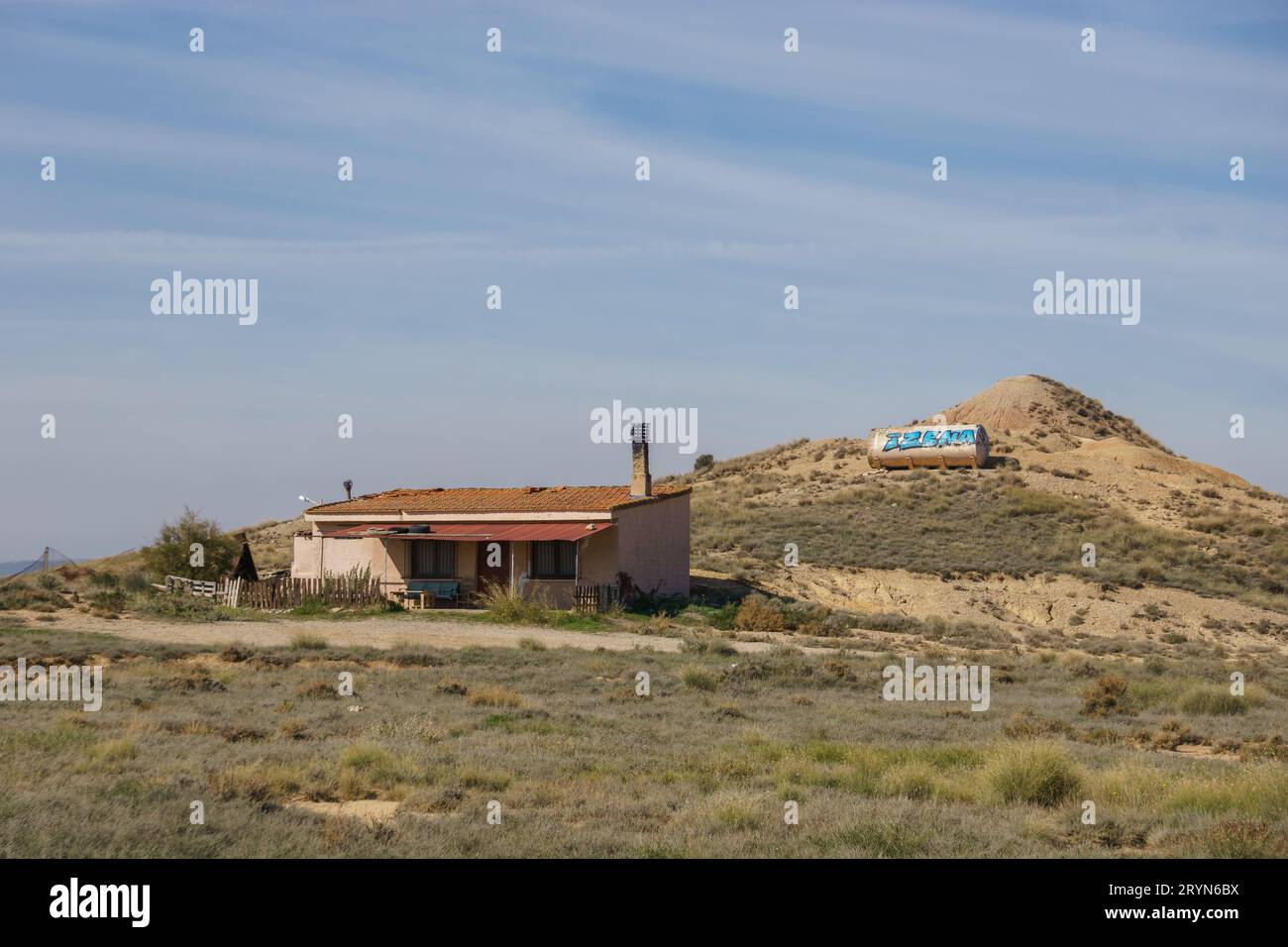 Lonely building at desert landscape of the arid plateau of the Bardenas ...