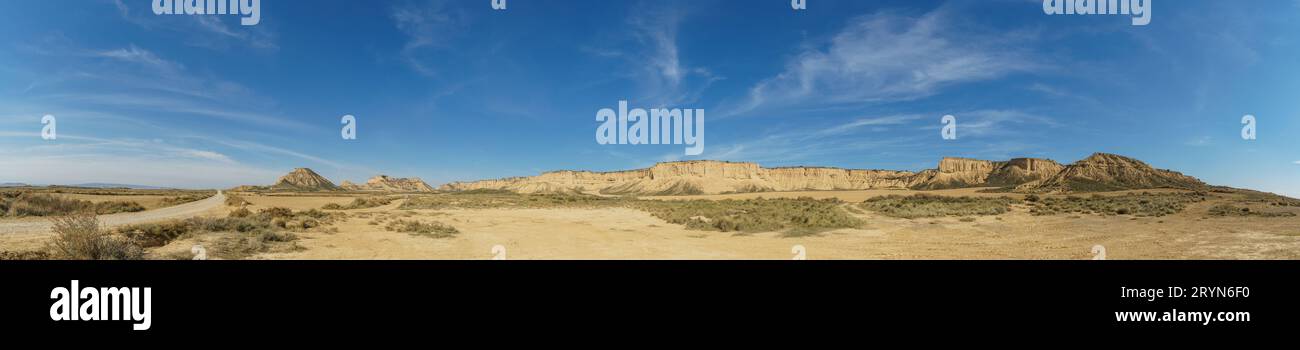 Panorama of desert landscape of the arid plateau of the Bardenas Reales ...