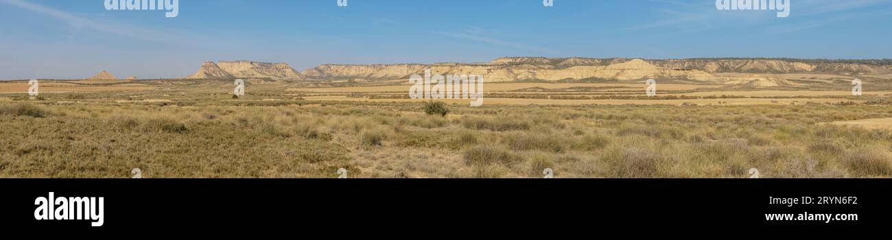 Panorama of desert landscape of the arid plateau of the Bardenas Reales ...