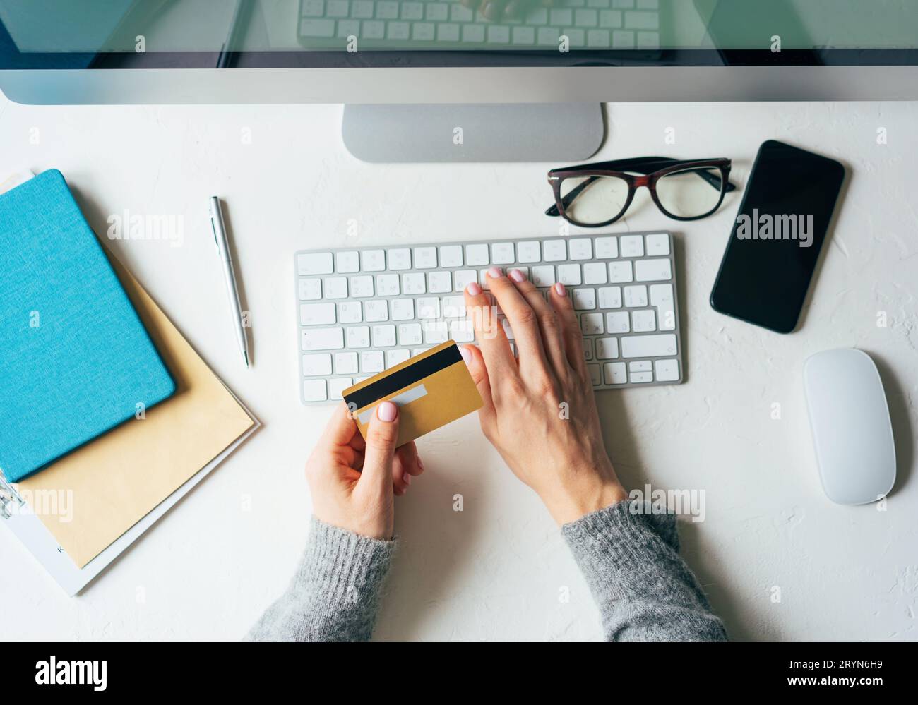 Credit card in the hands. Online order with door delivery. Online ...