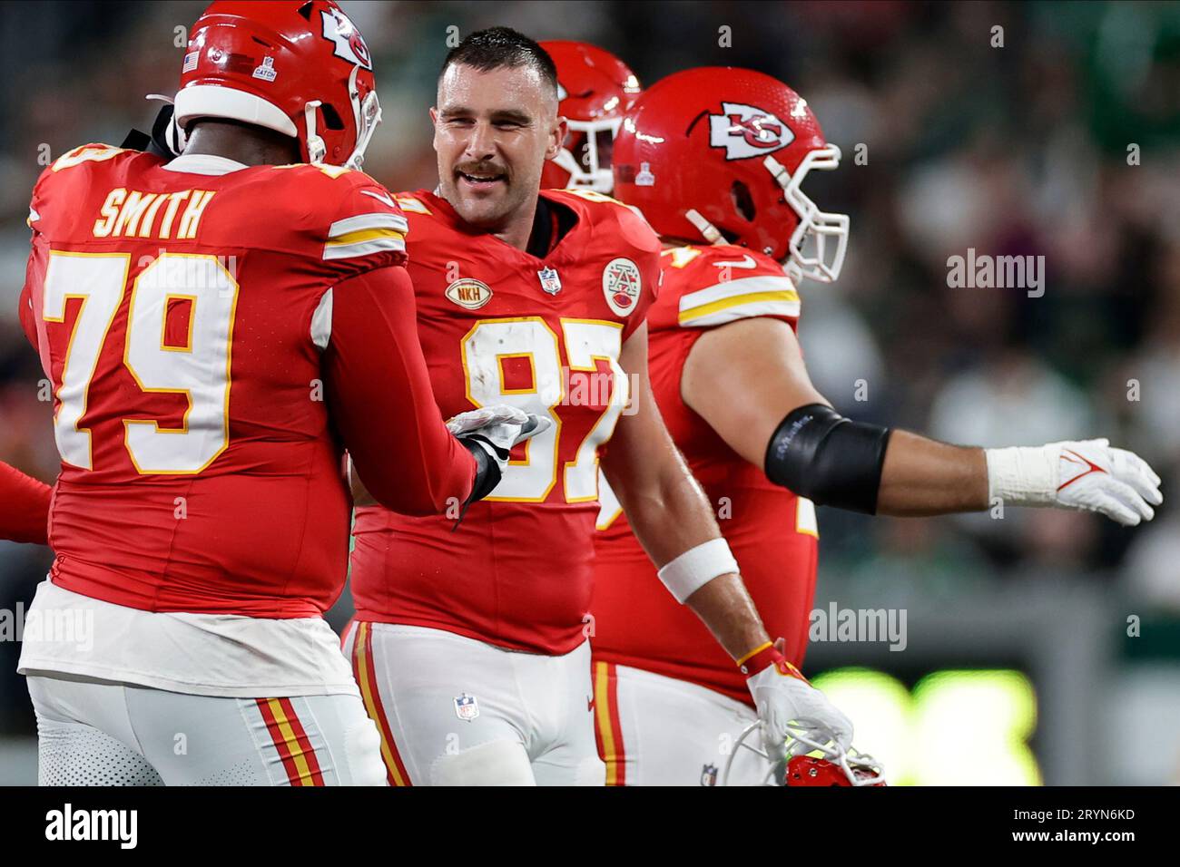 Kansas City Chiefs tight end Travis Kelce (87) reacts with offensive ...